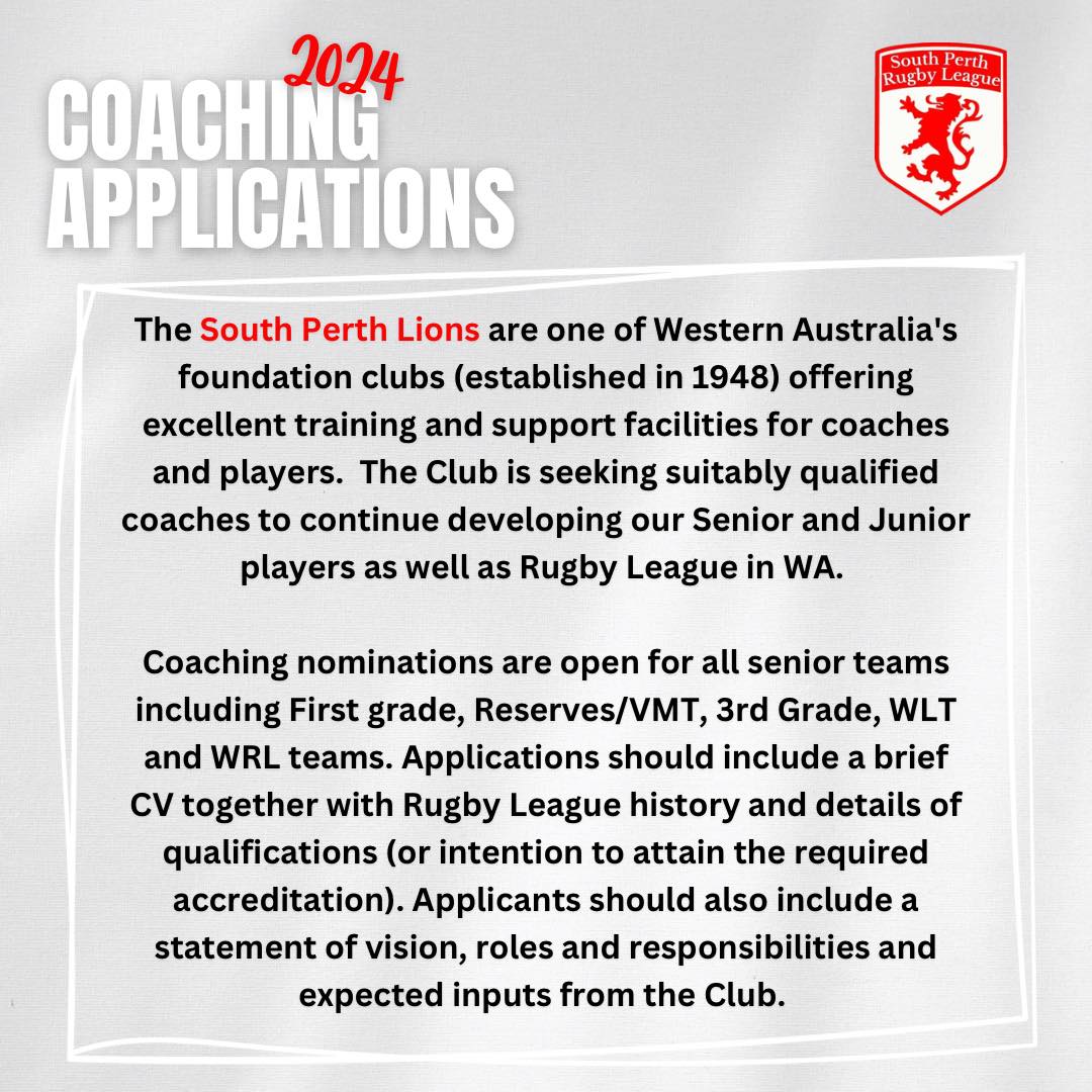 Coaching Applications for 2024 now open – South Perth Lions Rugby League